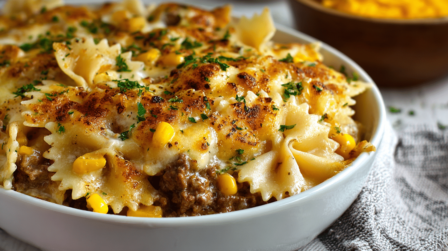 Garlic Butter Ranch Beef and Roasted Corn Bowtie Casserole Recipe